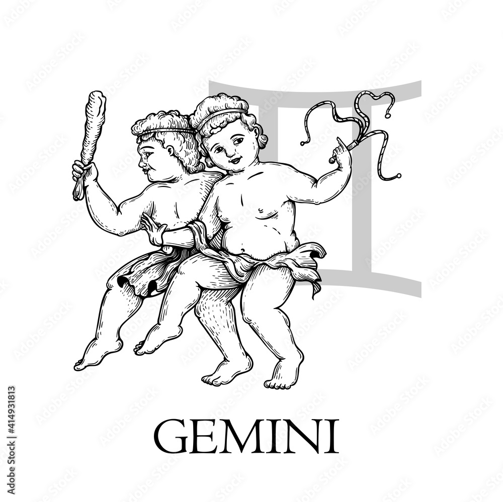 Hand drawn Gemini. Zodiac symbol in vintage gravure or sketch style ...