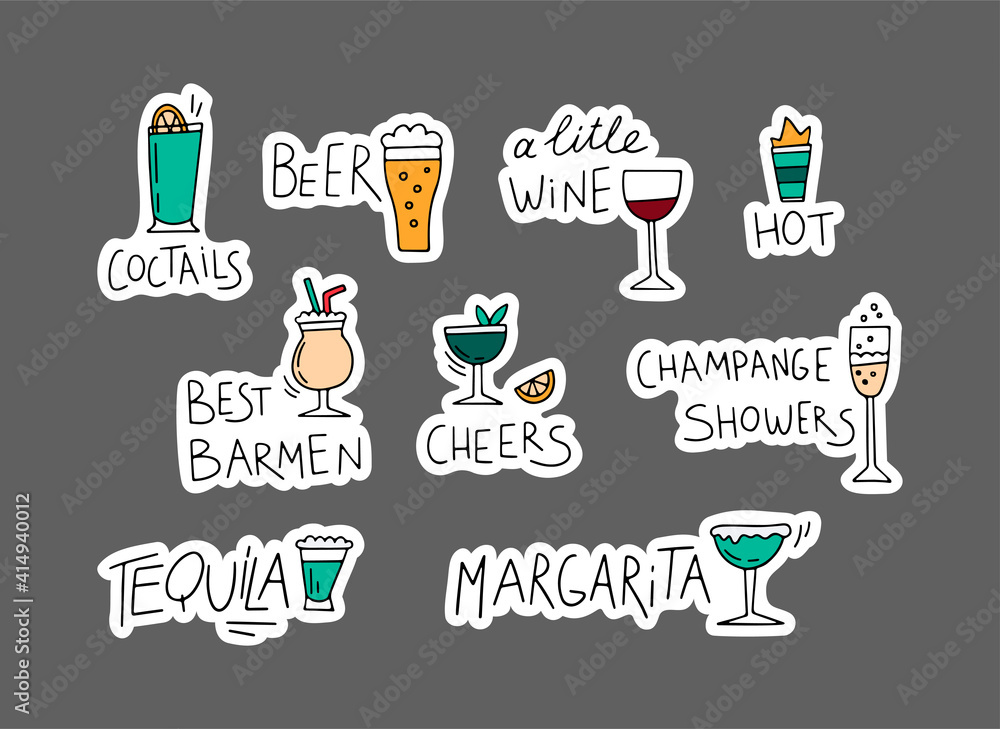 Vector set of hand-lettering cocktail labels. Drawn lettering and icons ...