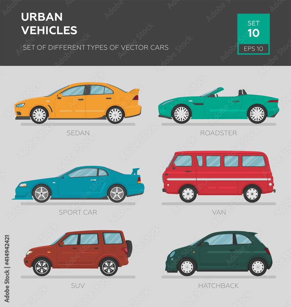 Urban vehicles. Set of different types of vector cars: sedan, hatchback ...