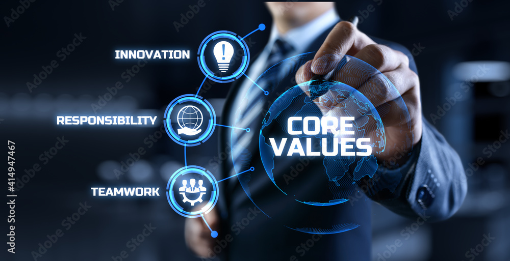 Core values Responsibility Innovation. Businessman pressing button on ...