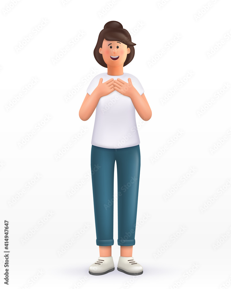 3D cartoon character. Young woman, keeps hands on chest, touched by ...