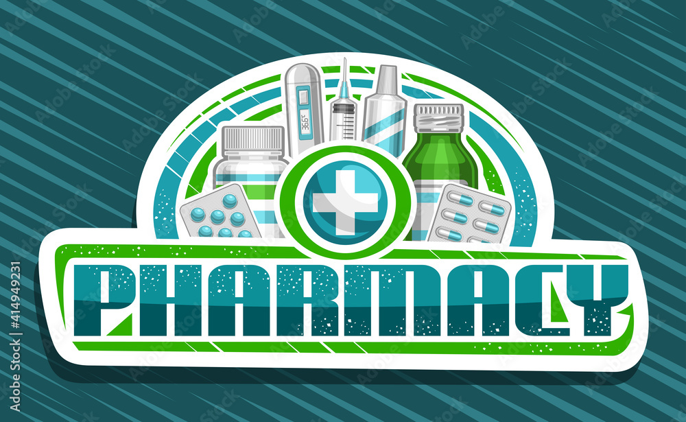 Vector banner for Pharmacy, white decorative sign board with unique ...