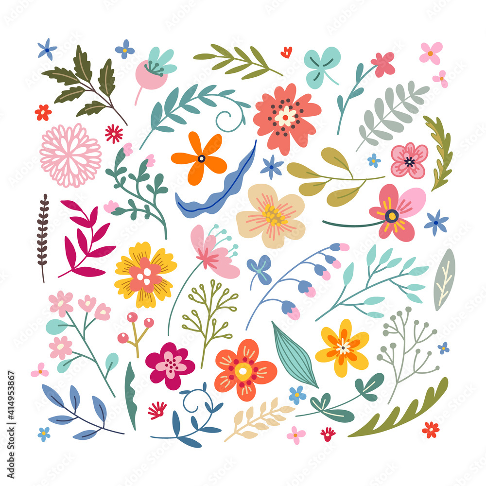 Set of cute drawn flowers and floral elements. Vector illustration ...