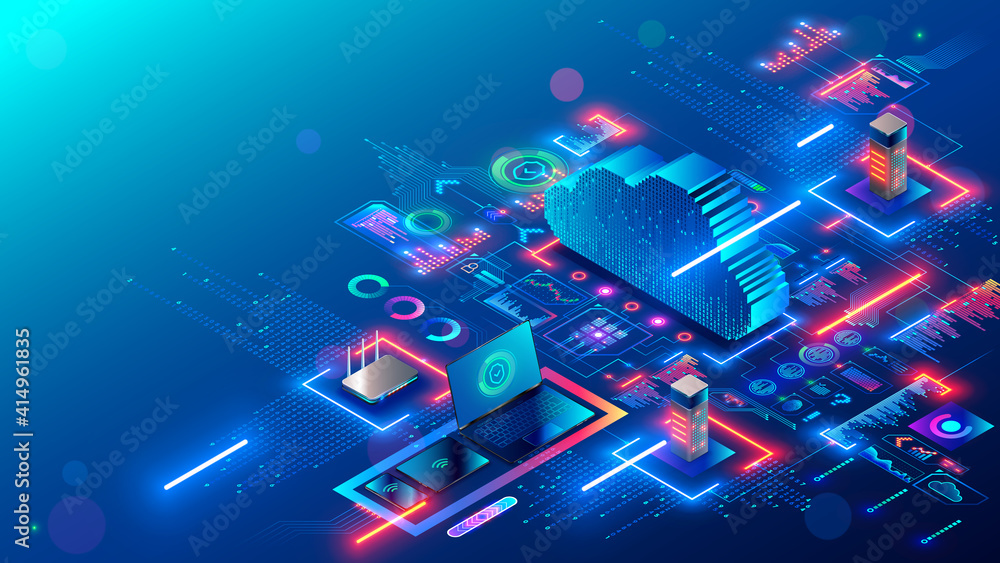 Cloud technology. Cloud computing. Devices connected to digital storage ...