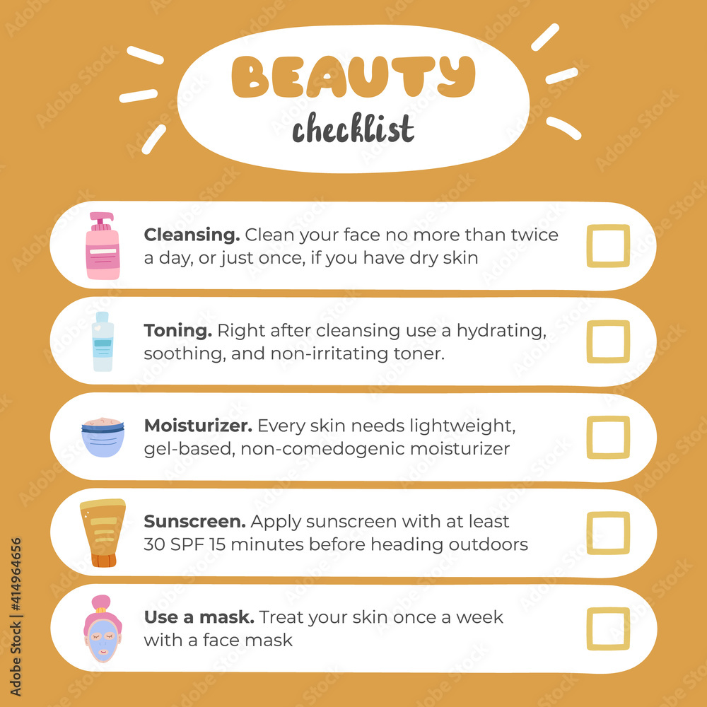 Beauty checklist about skin care with cute hand drawn vector ...