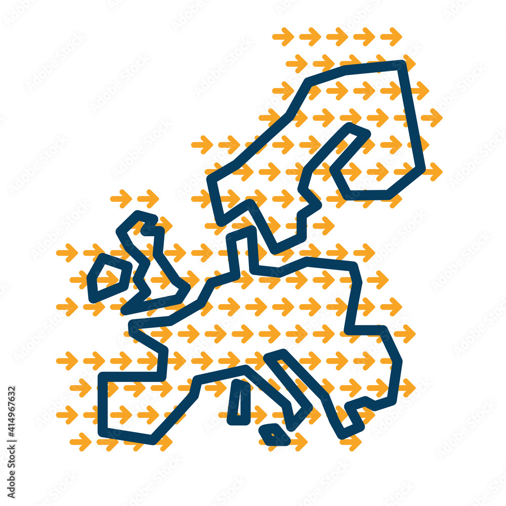 Europe simple outline map with yellow direction guide arrows. Stock ...
