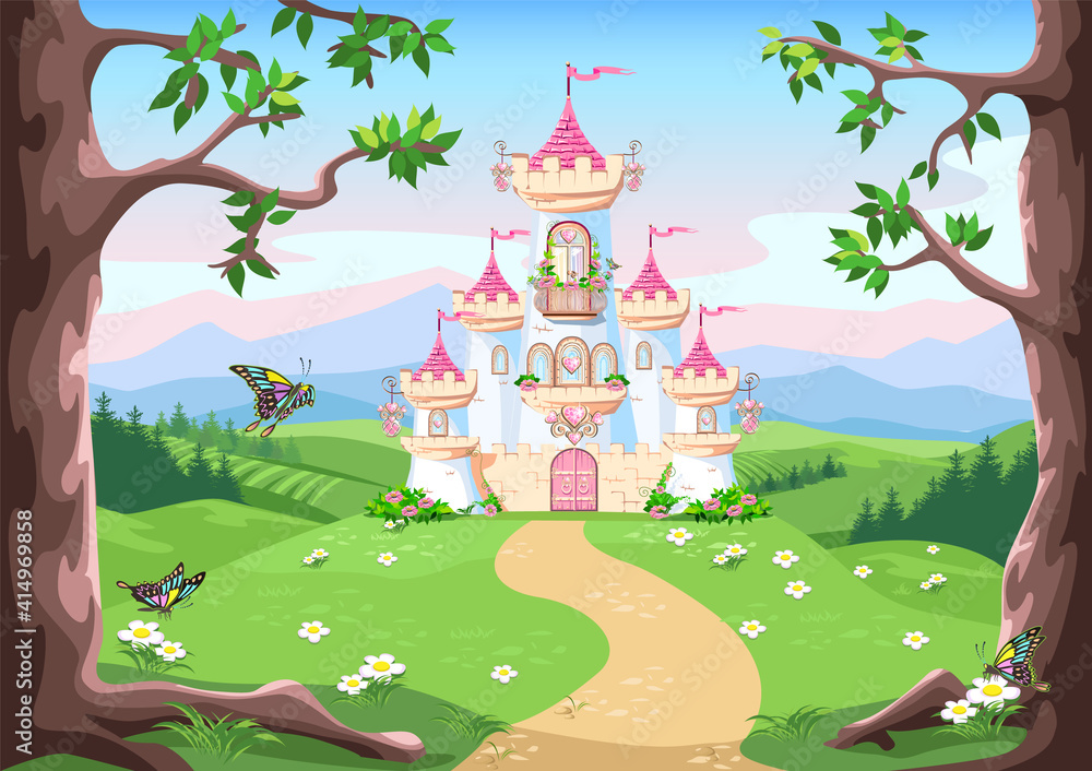 Fairy tale background with princess castle in the forest. Castle with ...