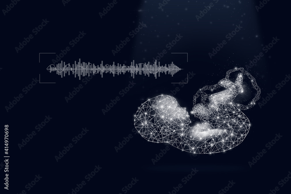 Hologram Ultrasound image of baby in mother's womb with sound wave on ...