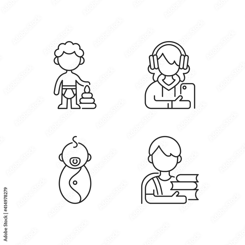 Aging process linear icons set. Preschooler. Female teenager. Male ...