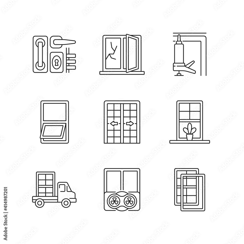 Window and door installations linear icons set. Locks and levers ...