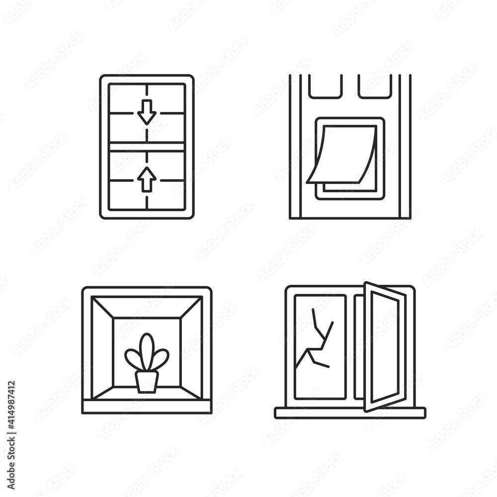 Installing windows and doors linear icons set. Double-hung windows. Pet ...