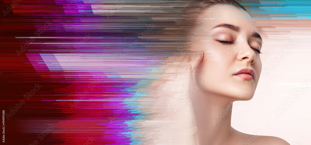 Beautiful female face eith glitch effect over white background. Stock ...