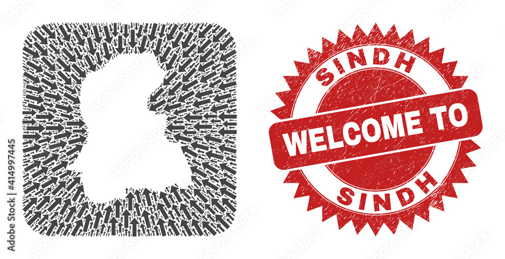 Vector collage Sindh Province map of straight arrows and grunge Welcome ...