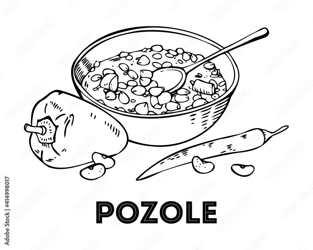 Mexican soup pozole and peppers. Hand drawn outline vector sketch ...