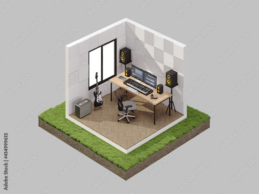 Audio workplace,recording studio,computer music studio.Isometric.3d ...