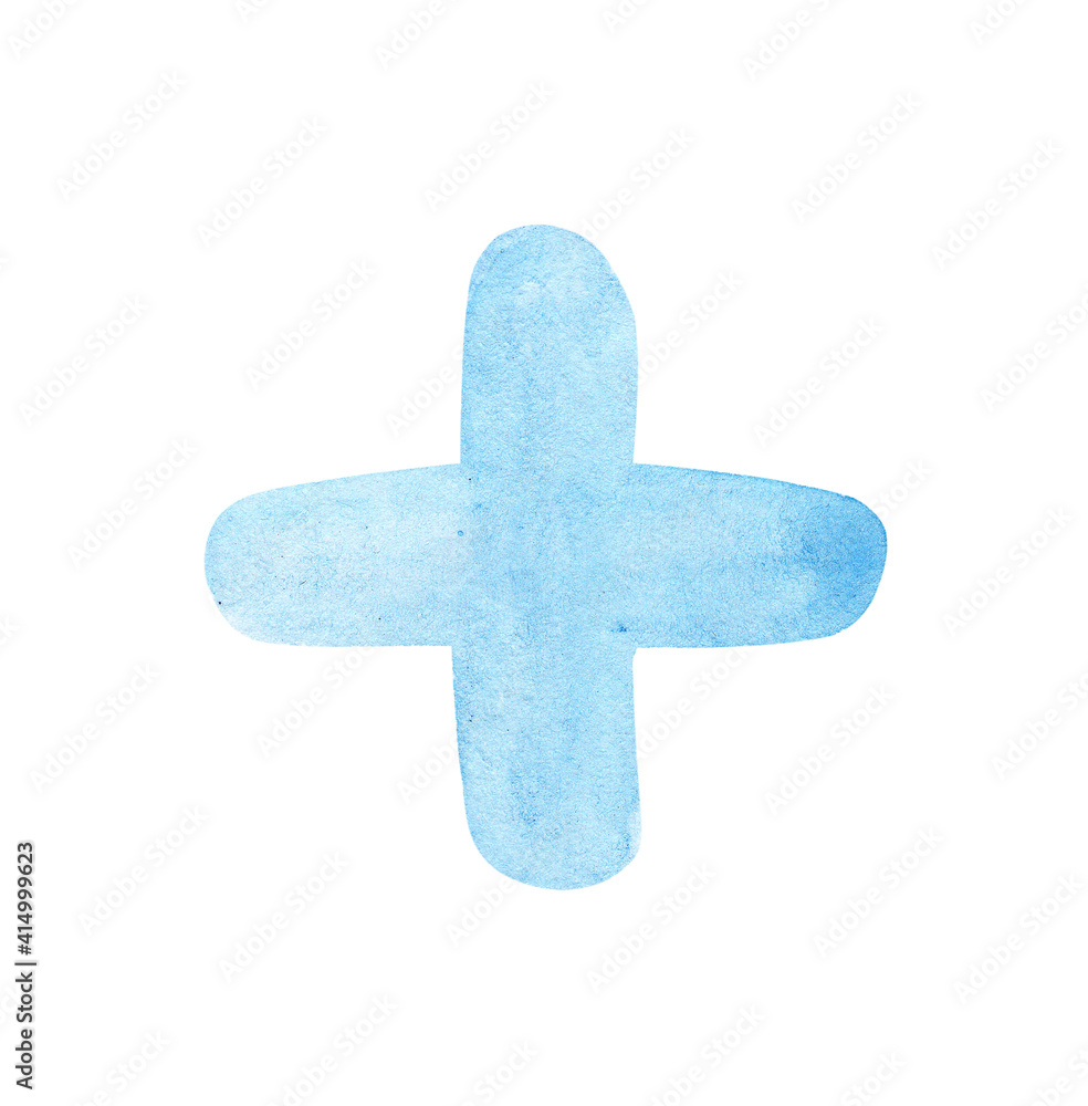 watercolor blue plus symbol isolated on white background. Addition sign ...
