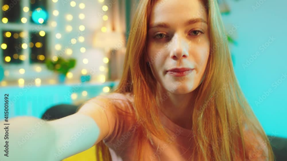 Sad crying woman take the camera and stand in front she telling ...