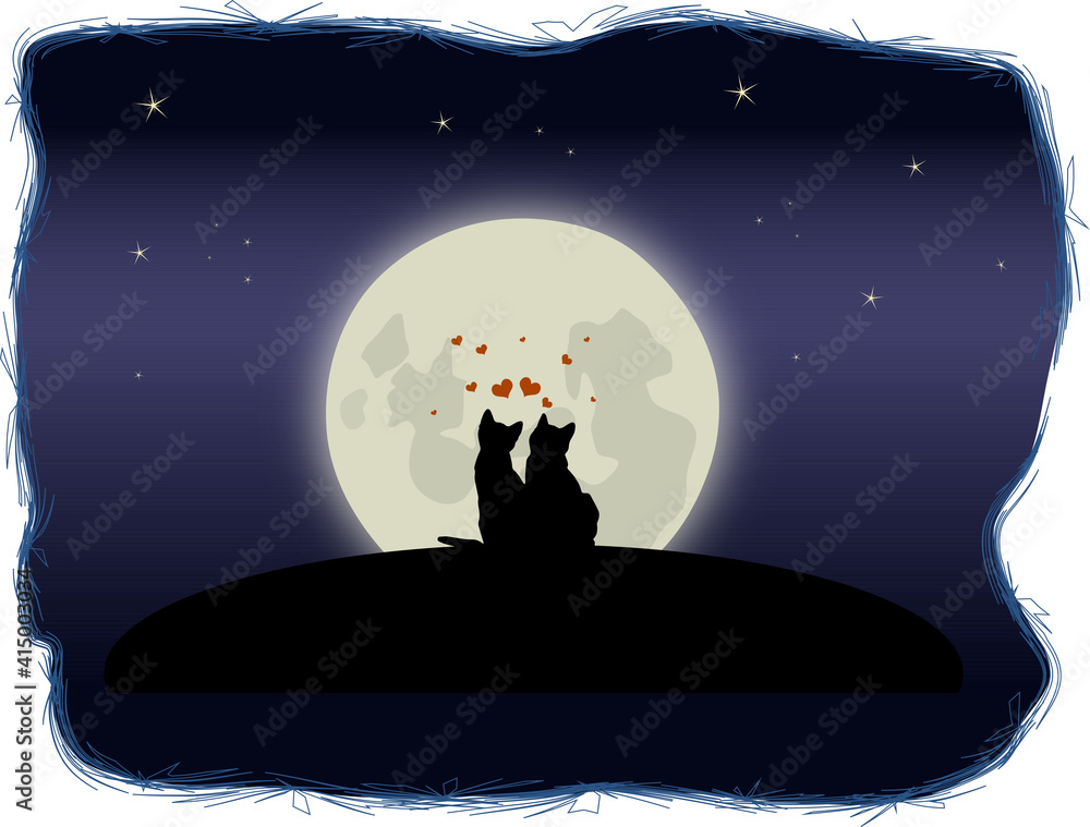 World of cats. Black cat observes the moon and stars through a ...