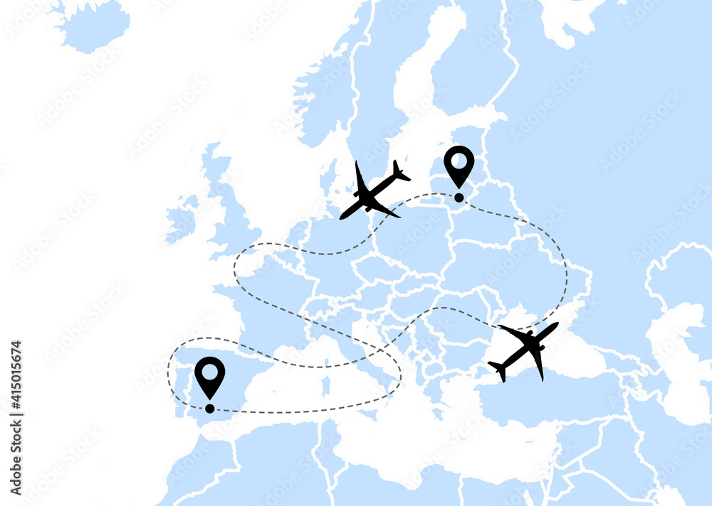 Airplane line path vector icons of air plane flight routes with start ...