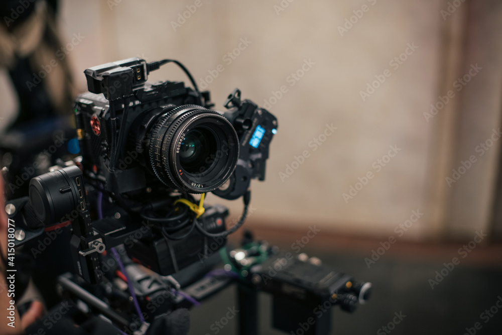 Professional film and video camera on the set. Shooting shift ...