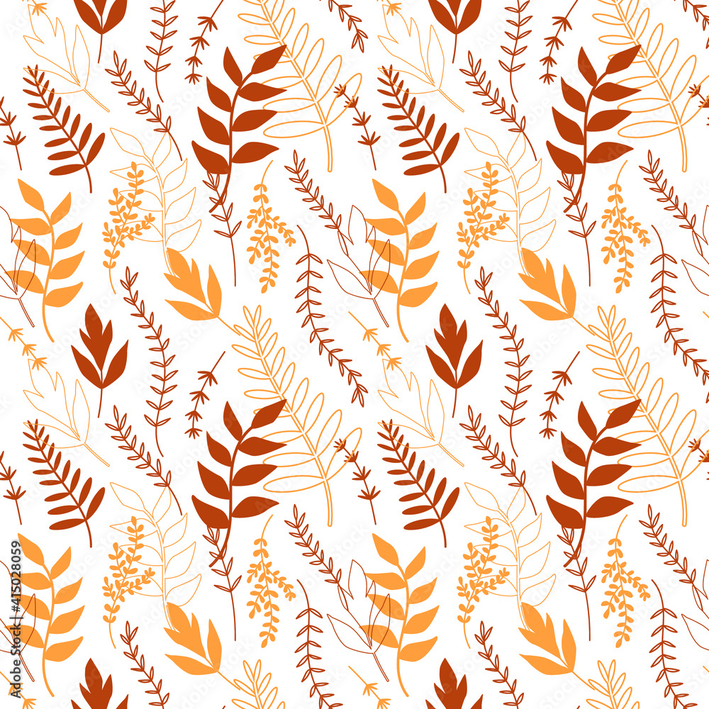 Yellow, ocher and brown leaves on a white background. Light autumn ...