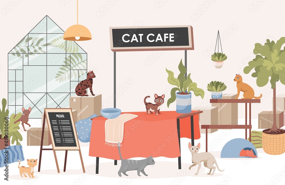 Cat cafe vector flat illustration. Cute adorable pet animals walking ...