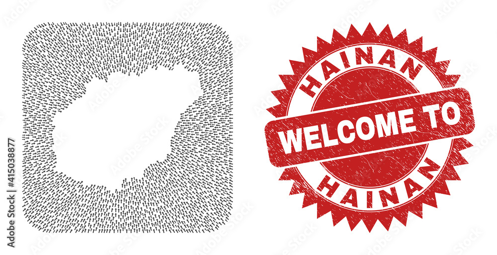 Vector mosaic Hainan map of delivery arrows and rubber Welcome badge ...