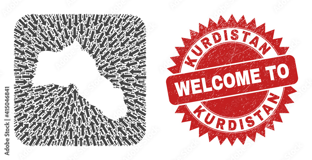 Vector collage Kurdistan map of navigation arrows and scratched Welcome ...