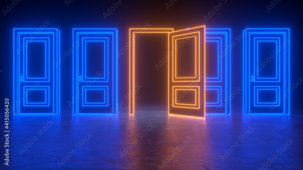 Abstract open and closed doors to universe. Cyberpunk neon door ...