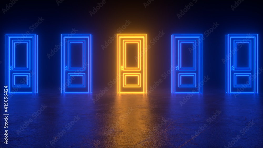 Abstract closed doors to universe. Cyberpunk neon door background ...