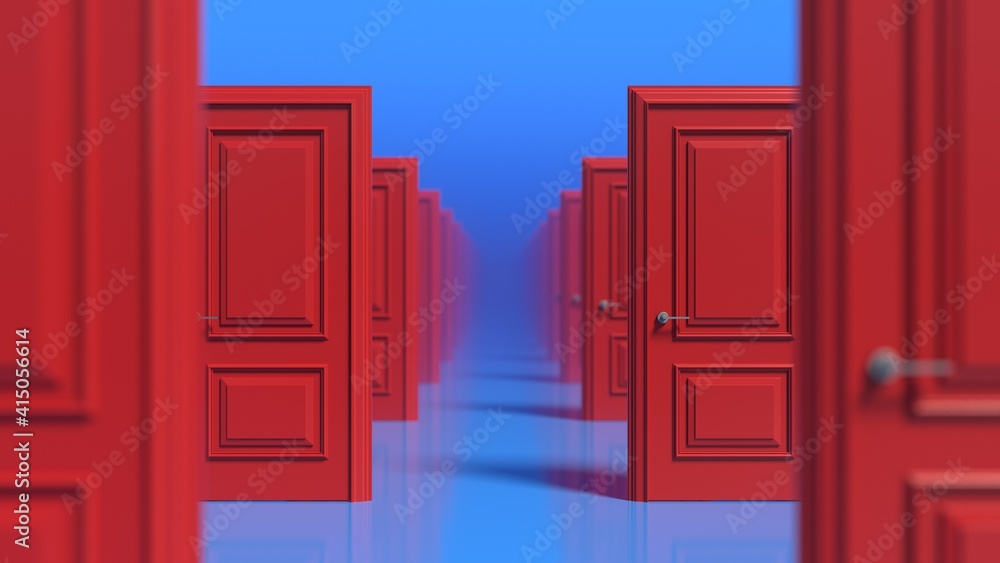 Rows of red wooden closed doors on a blue background. There are many ...