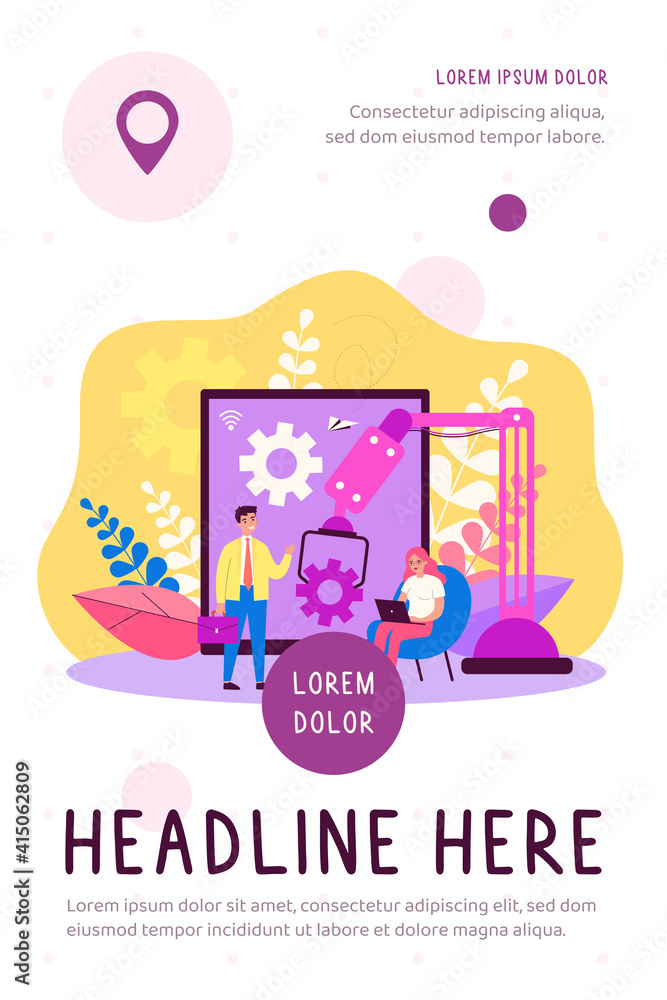 Positive tiny people working with artificial intelligence isolated flat ...