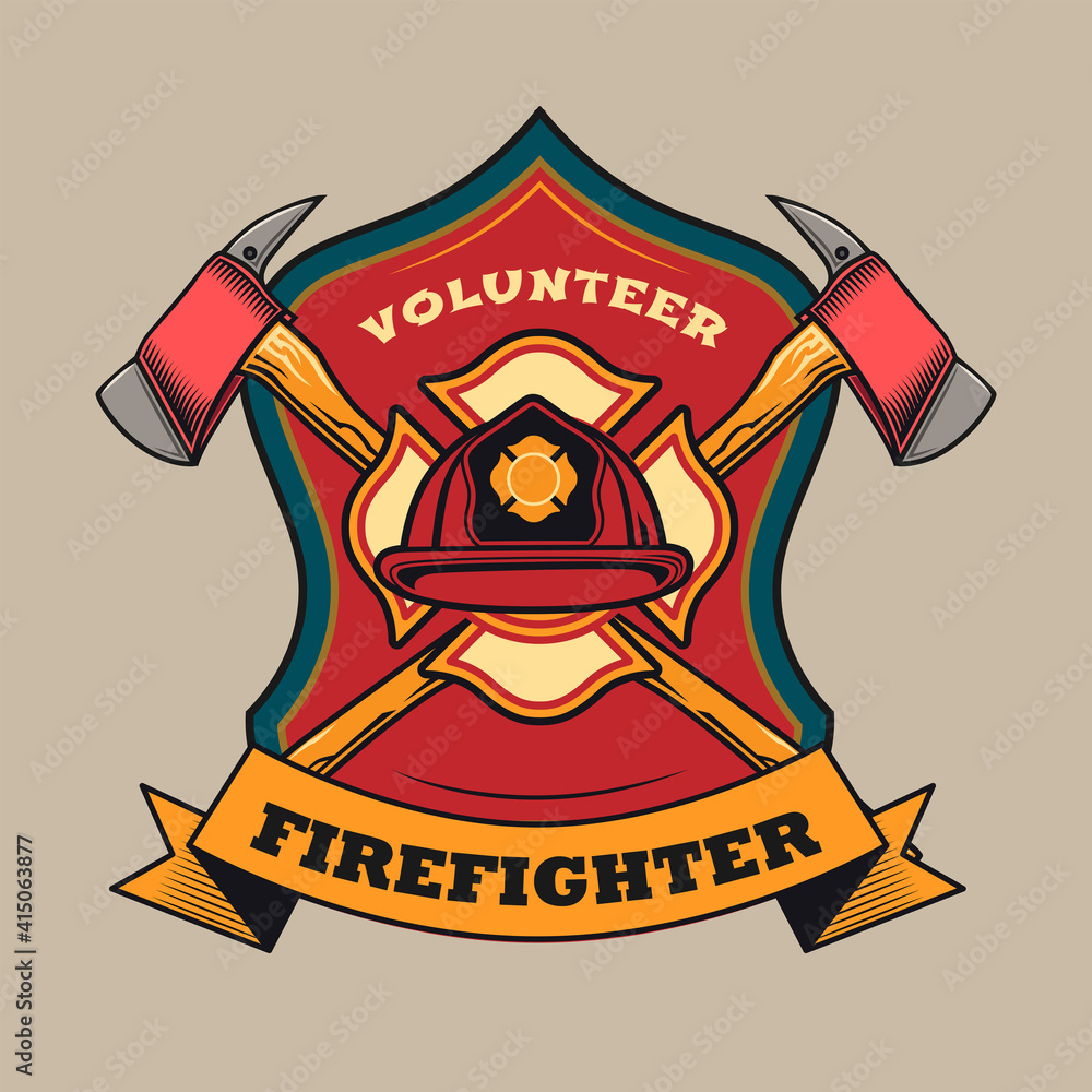 Trendy badge with red protective helmet and crossed axes vector ...