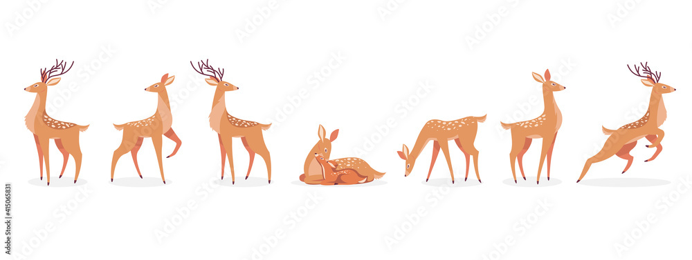 Cartoon deer set. Male horny, female, baby fawn spotted reindeers in ...