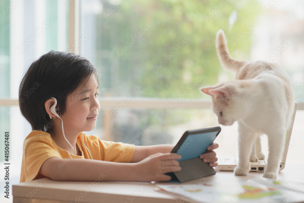 Cute Asian child learning class study online with video call from ...