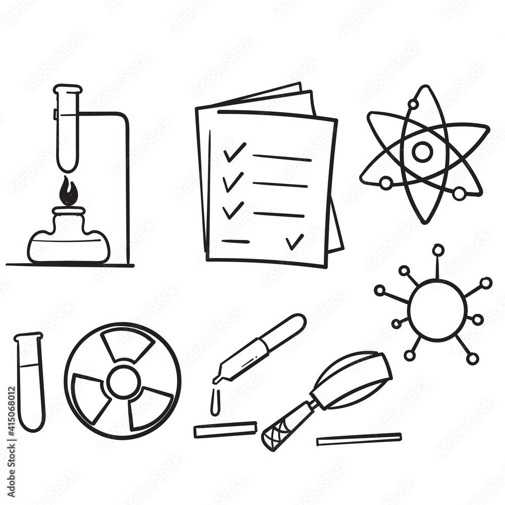 hand drawn Chemistry lab and diagrammatic icons showing assorted ...