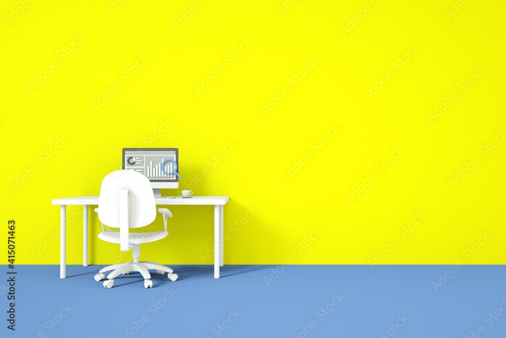 Front view of Office desk with Graph on computer screen, information ...