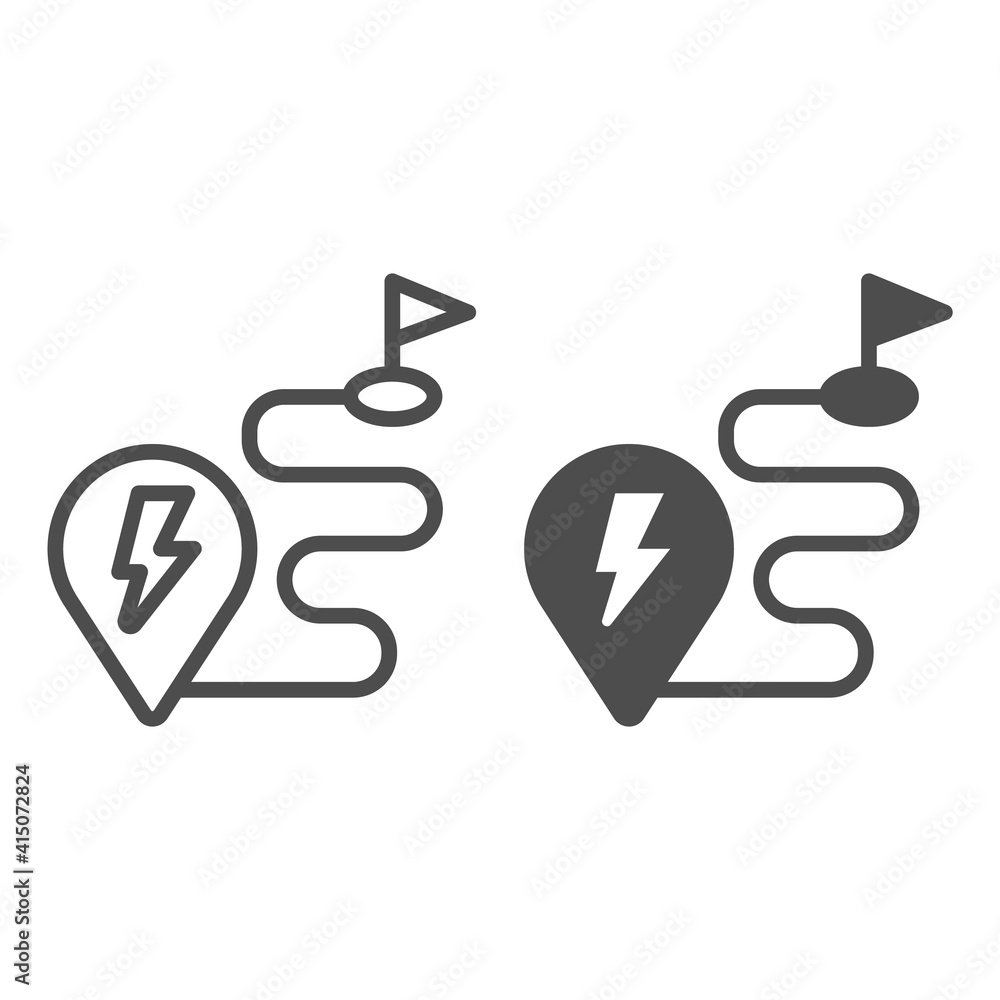 Route and location pin with lightning line and solid icon, electric car ...