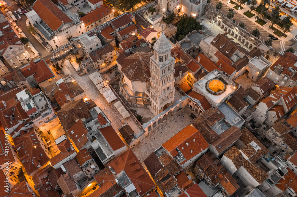 Aerial drone shot of Diocletian Palace St Domnius at dusk in Split old ...
