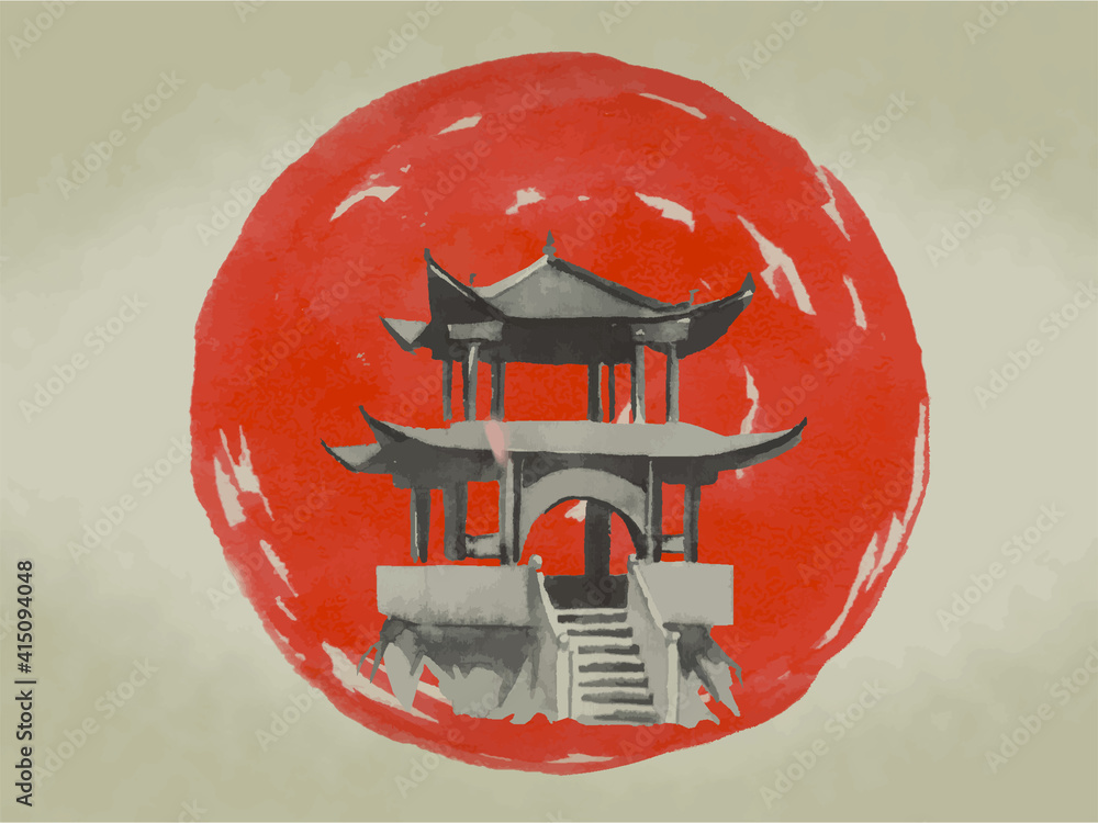 Japan traditional sumi-e painting. Fuji mountain, sakura, sunset. Japan ...