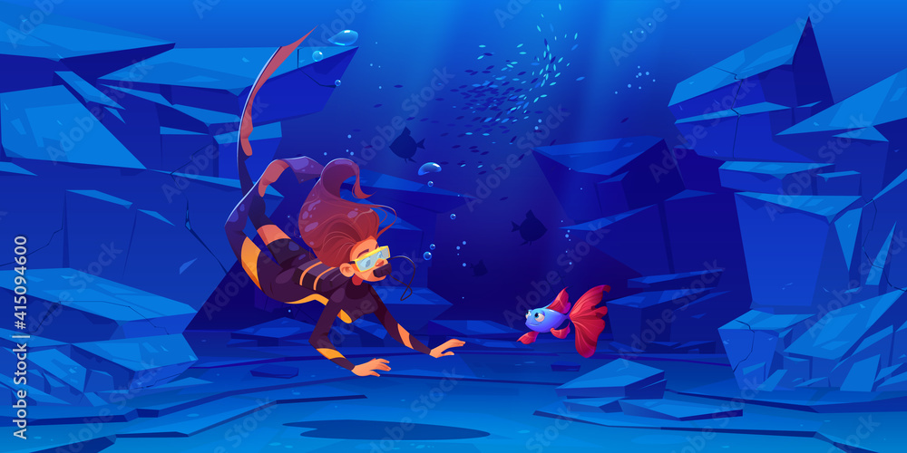 Woman scuba diver with mask look at cute fish under water in sea or ...