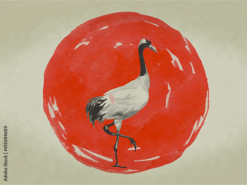 Japan traditional sumi-e painting. Fuji mountain, sakura, sunset. Japan ...