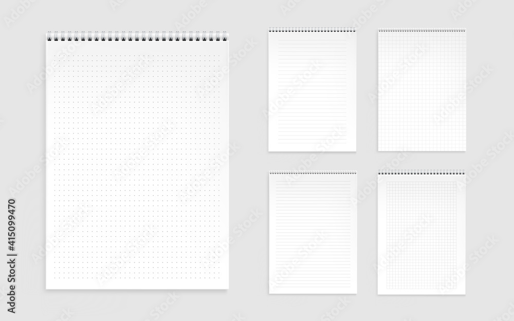 Notebook sheets, blank pages with lines, dots and checks. Memo pads ...
