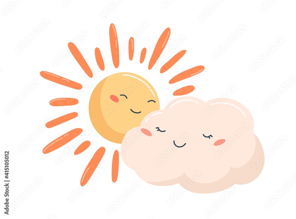 Cute glowing sun and smiling cloud characters with happy face ...