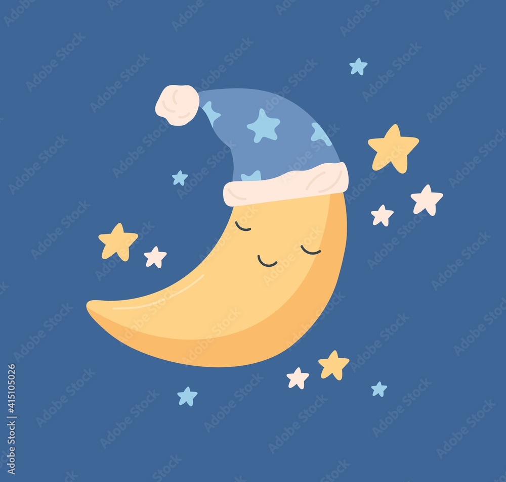 Cute yellow half moon sleeping in hat with pompom at night sky with ...