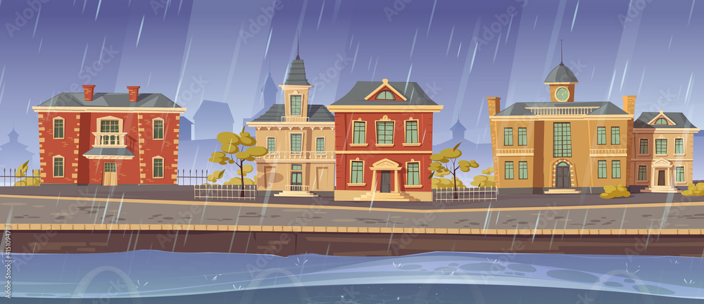 Rain and wind in old town with retro european buildings and lake ...