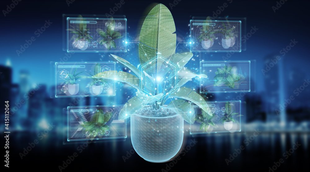 Holographic projection of a plant with digital analysis on blue ...