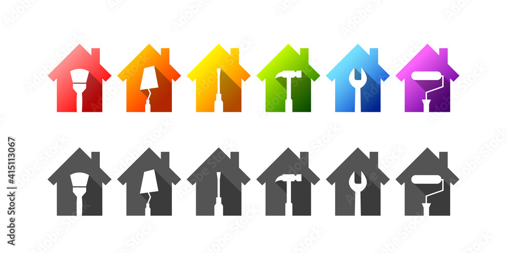 House set with work tools. Repair, renovation, building or construction ...