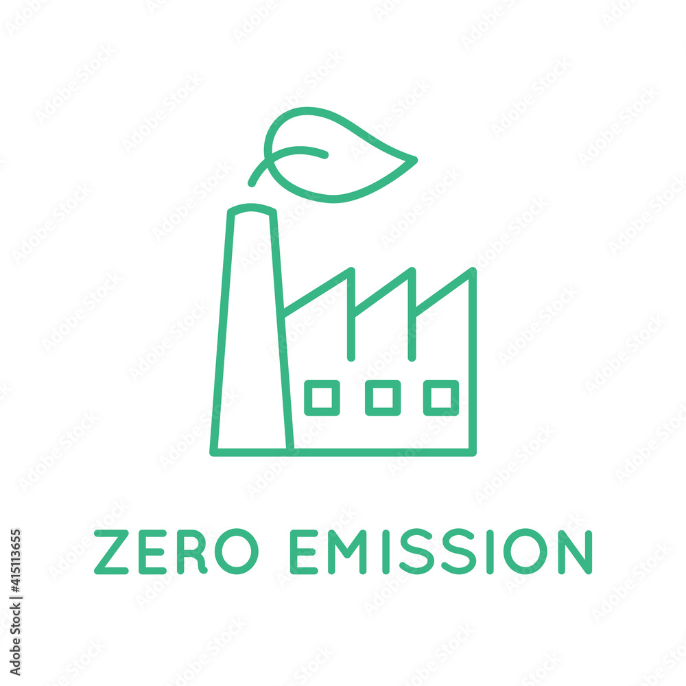 Zero emission factory. Industrial building chimney with green leaf ...