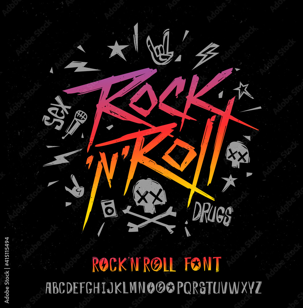 Rock N Roll Grunge Style Type Font And Poster Vector Template Set Of